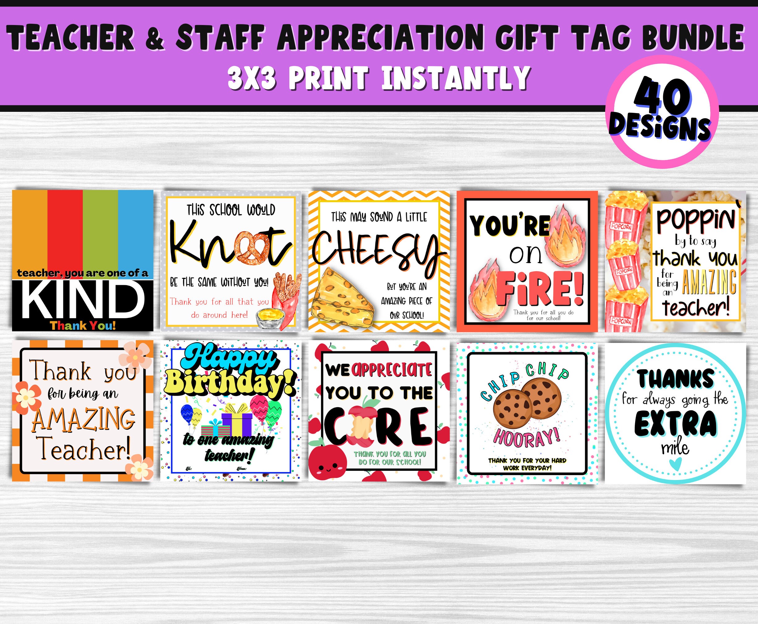 Teacher Appreciation Gift Tag Bundle of 40 Designs Coffee, Snack ...