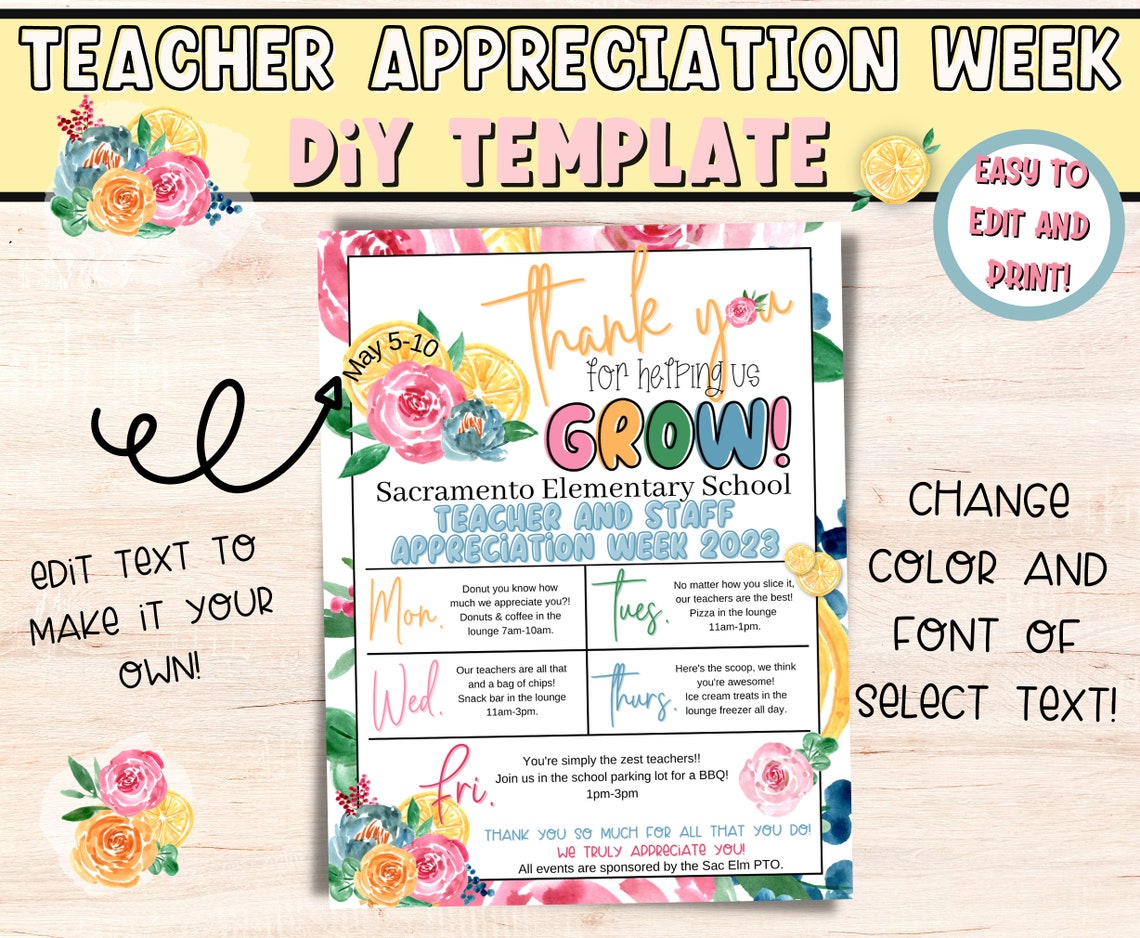 Teacher Appreciation Editable Itinerary Schedule Printable DIY Grow ...