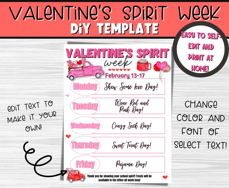 Valentine's Spirit Week Editable Itinerary Schedule | Printable DIY ...