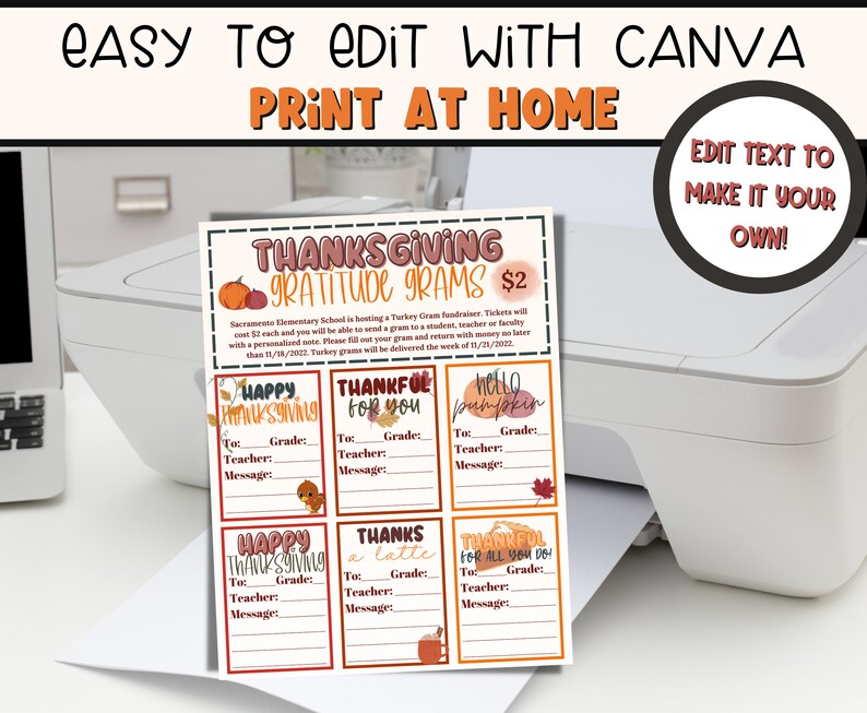 Gratitude Gram School Fundraiser Flyer for PTA PTO Thanksgiving Events ...