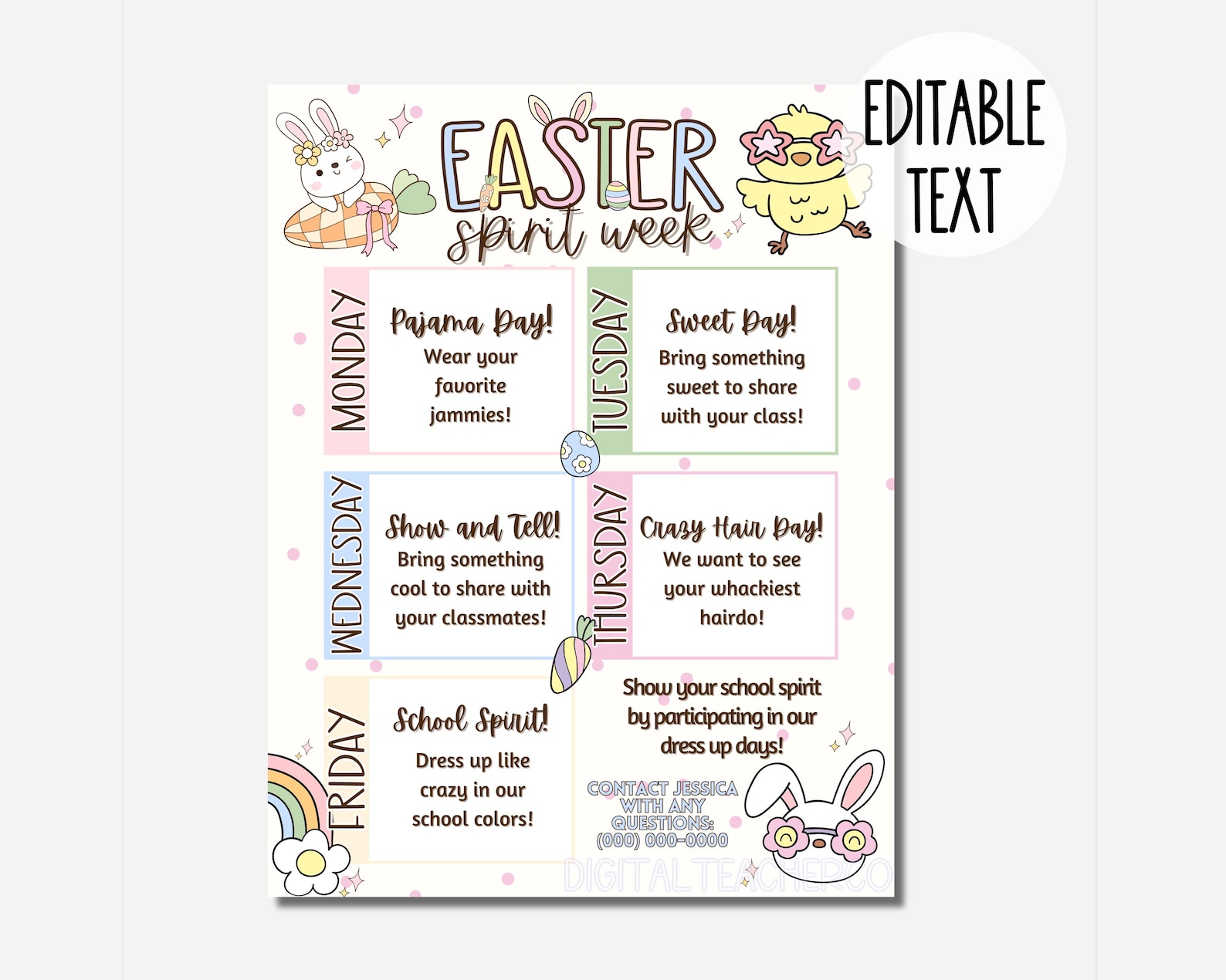Cute Easter Spirit Week Editable Itinerary Schedule | Printable DIY ...