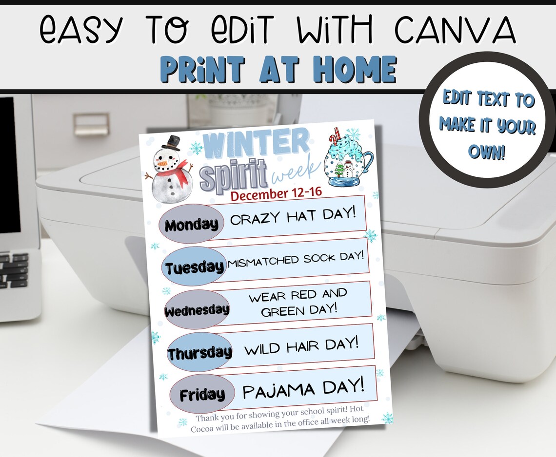 Winter Spirit Week Editable Itinerary Schedule | Printable DIY Spirit ...