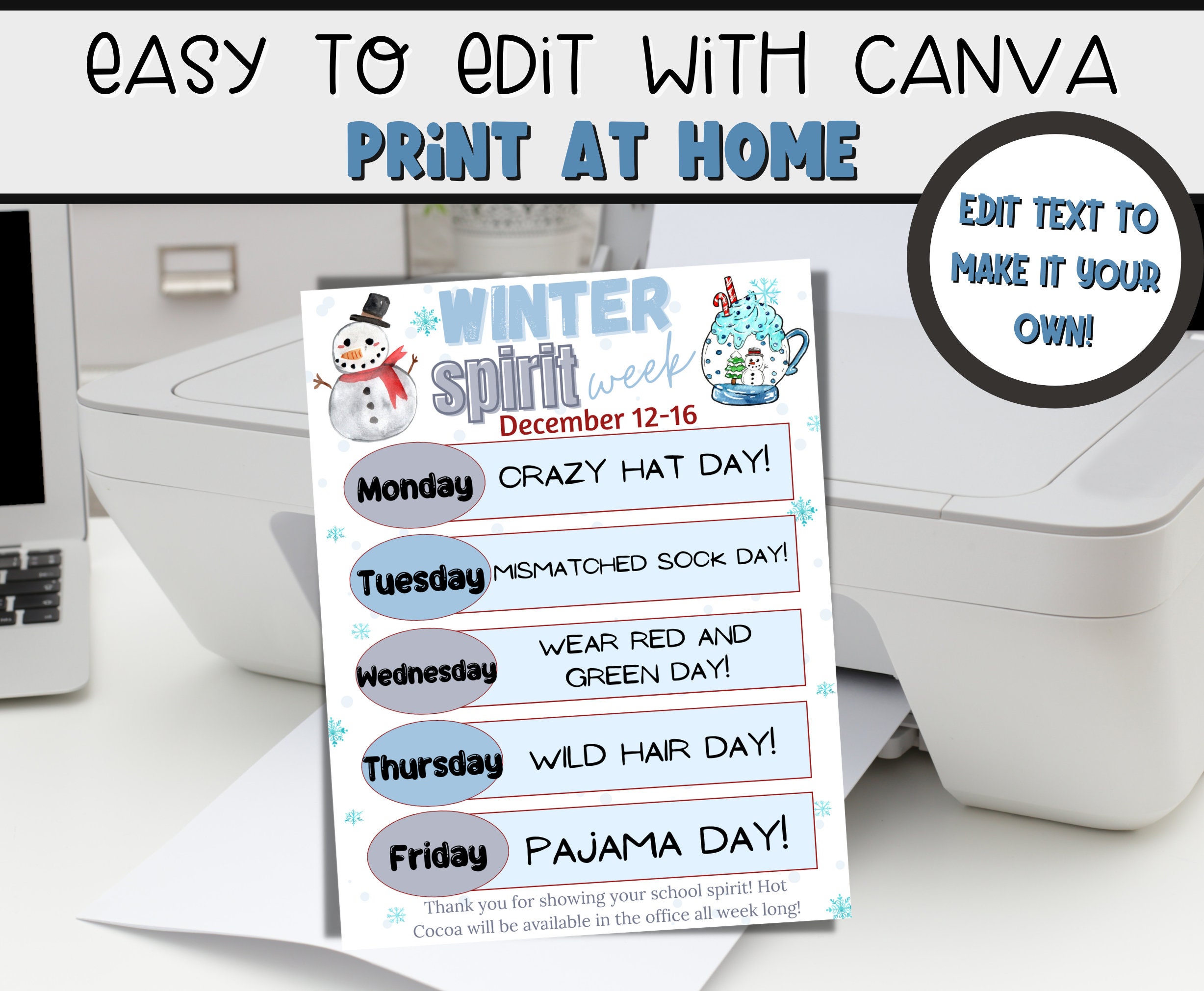 Winter Spirit Week Editable Itinerary Schedule | Printable DIY Spirit ...