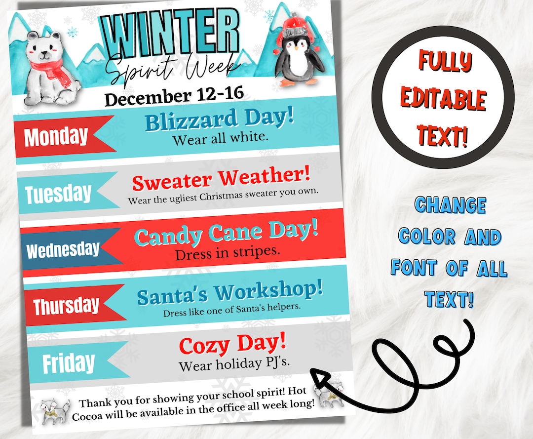 Winter Spirit Week Editable Itinerary Schedule Printable DIY Spirit ...