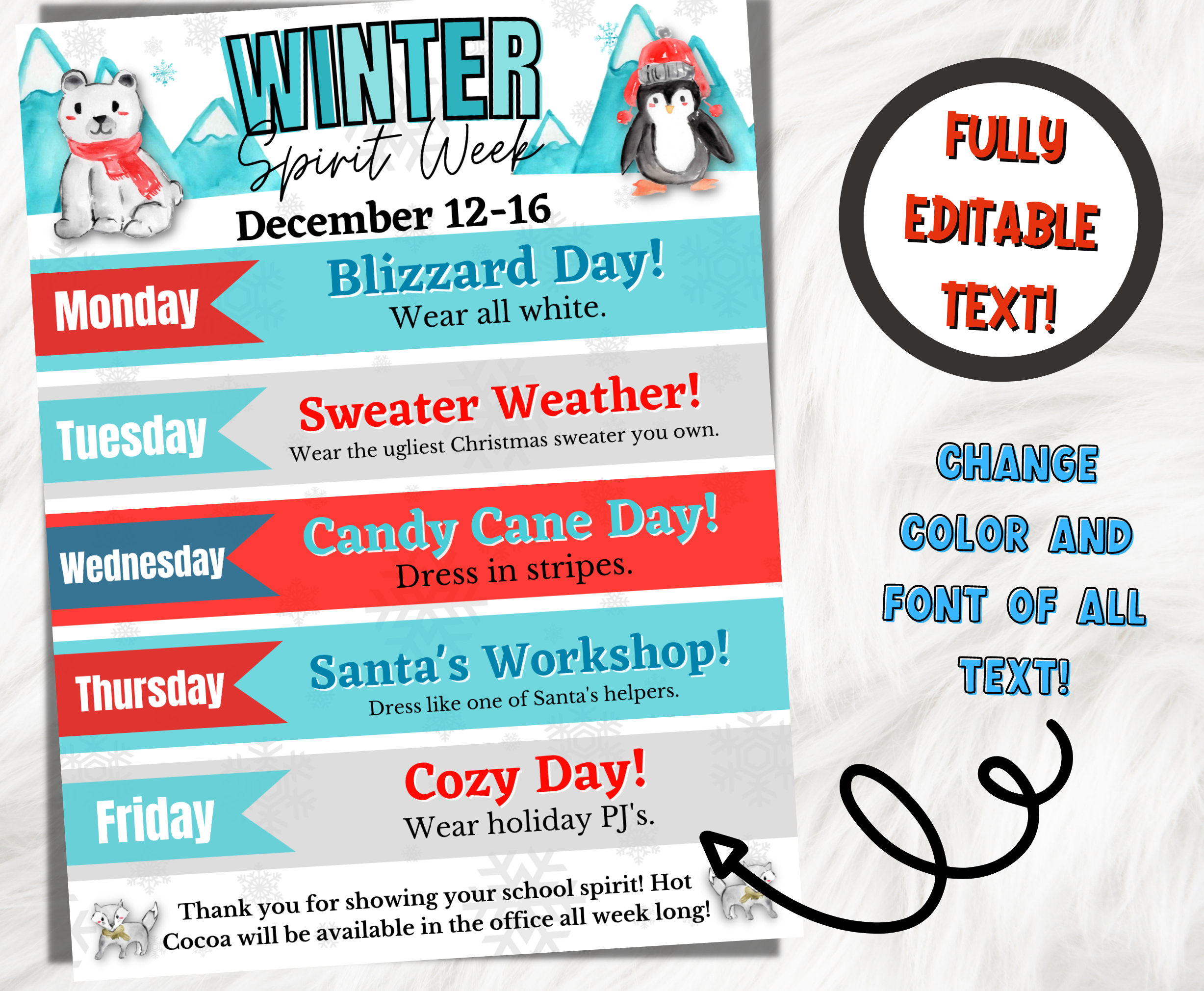 Winter Spirit Week Editable Itinerary Schedule | Printable DIY Spirit ...