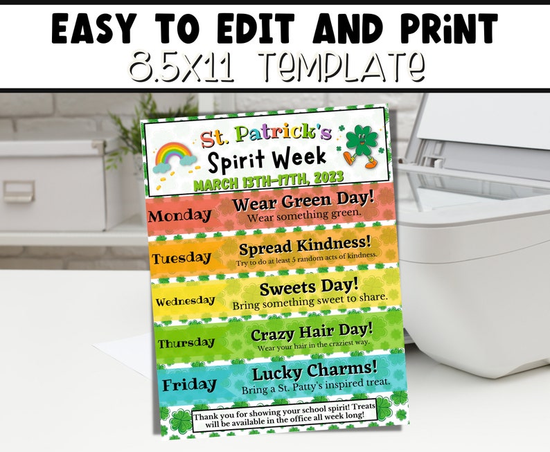 St. Patrick's Spirit Week Editable Itinerary Schedule | Printable DIY ...