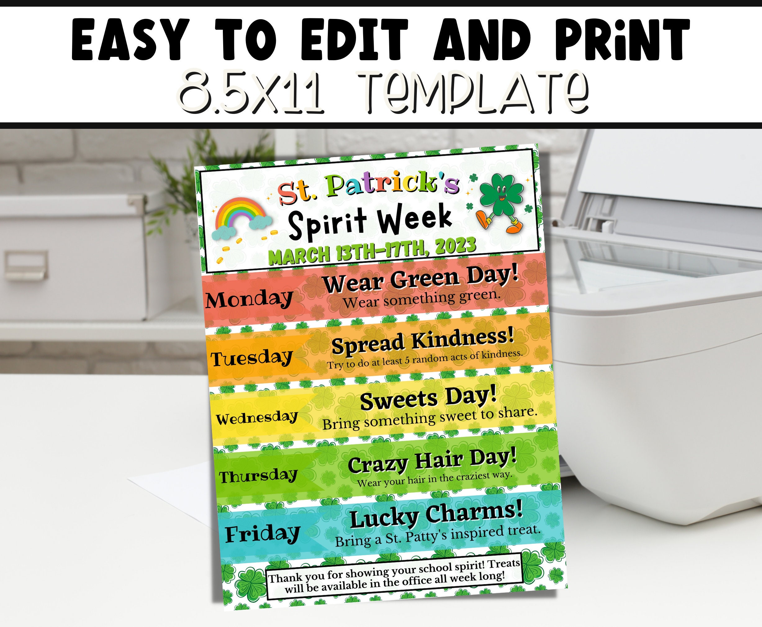 St. Patrick's Spirit Week Editable Itinerary Schedule | Printable DIY ...