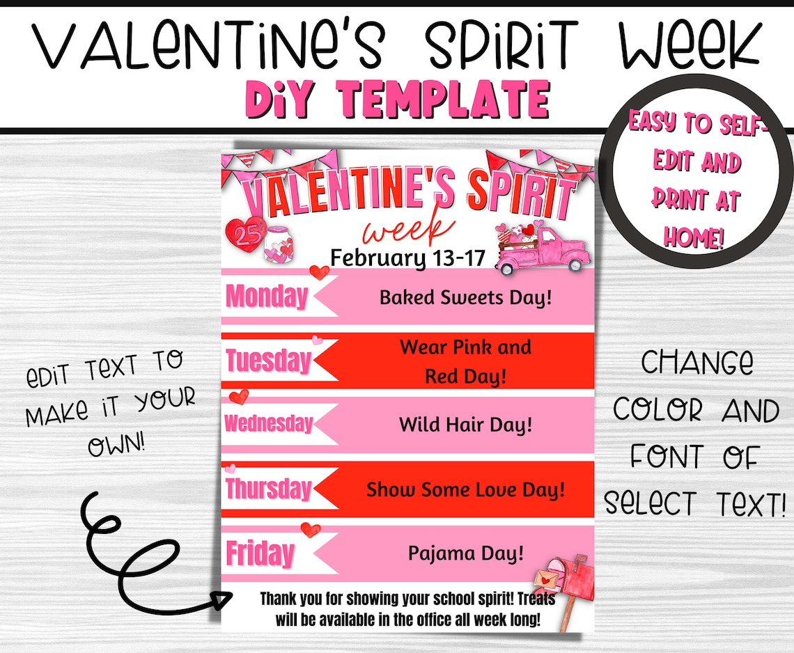 Valentine's Spirit Week Editable Itinerary Schedule | Printable DIY ...