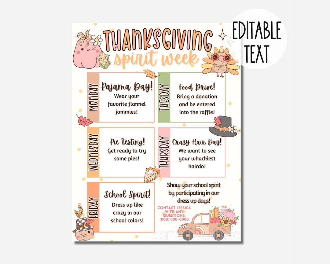 Cute Thanksgiving School Spirit Week Schedule Fall Flyer Fundraiser for ...