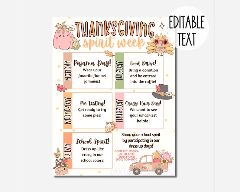 Cute Thanksgiving School Spirit Week Schedule Fall Flyer Fundraiser for ...