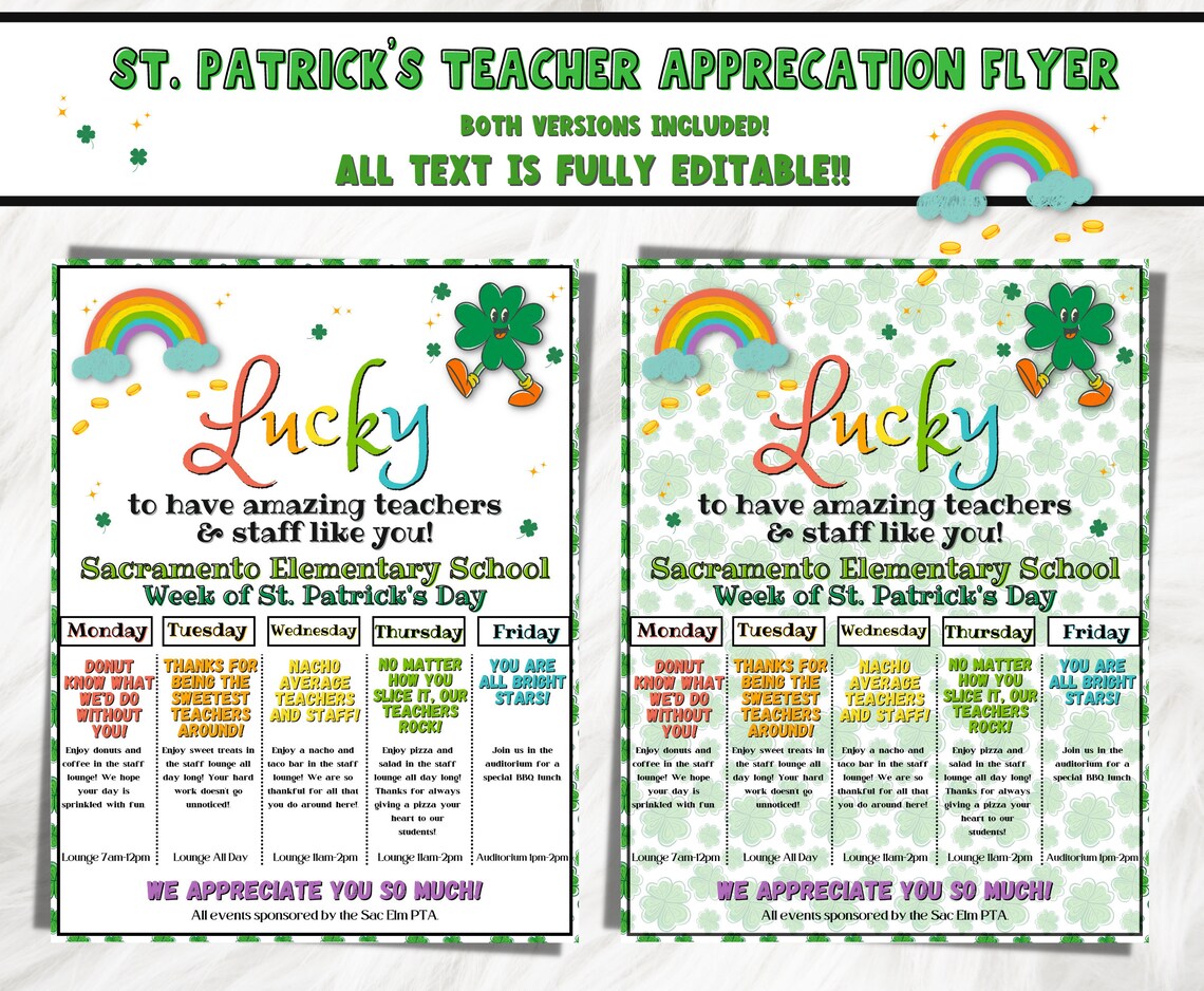 St. Patrick's Teacher & Staff Appreciation Editable Itinerary Schedule ...