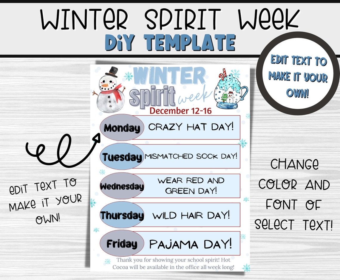 Winter Spirit Week Editable Itinerary Schedule | Printable DIY Spirit ...