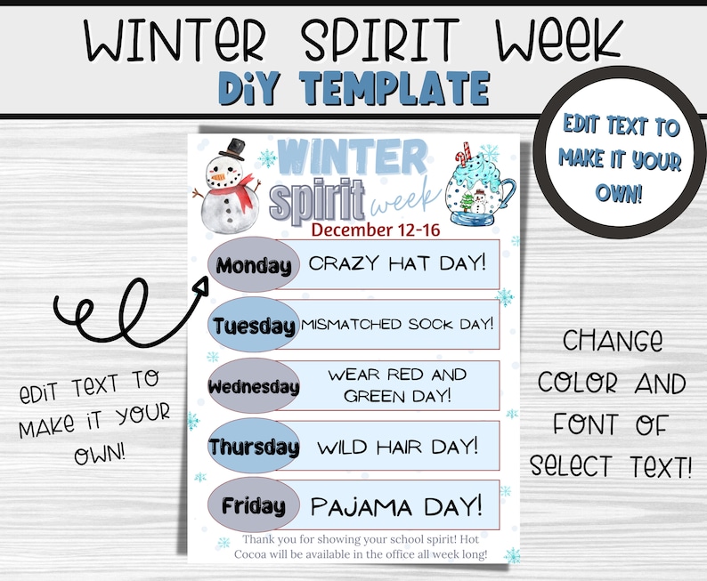Winter Spirit Week Editable Itinerary Schedule | Printable DIY Spirit ...