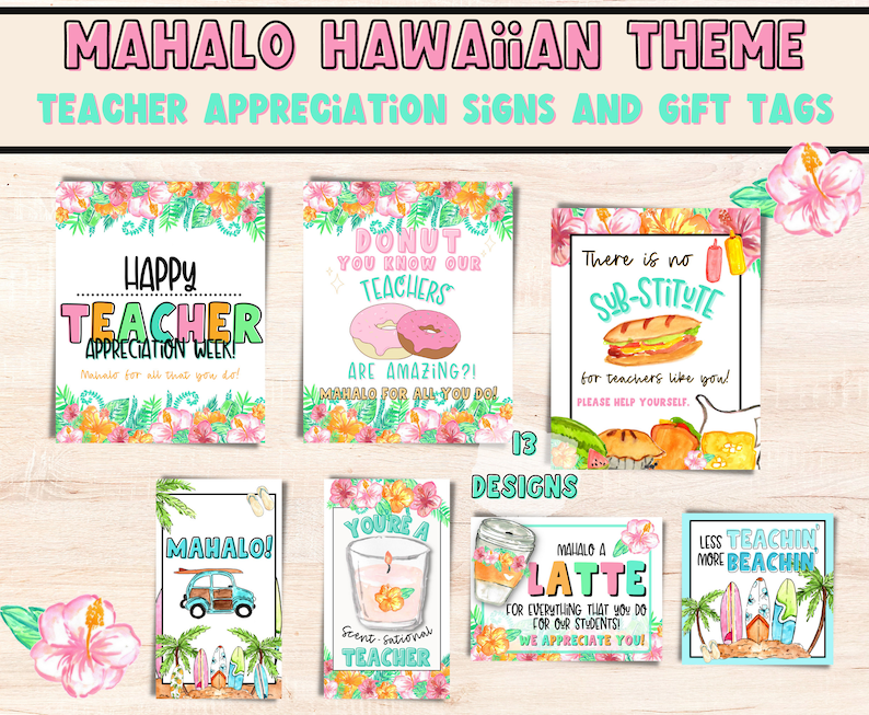 Mahalo Hawaiian Teacher Appreciation Sign and Gift Tag Bundle ...