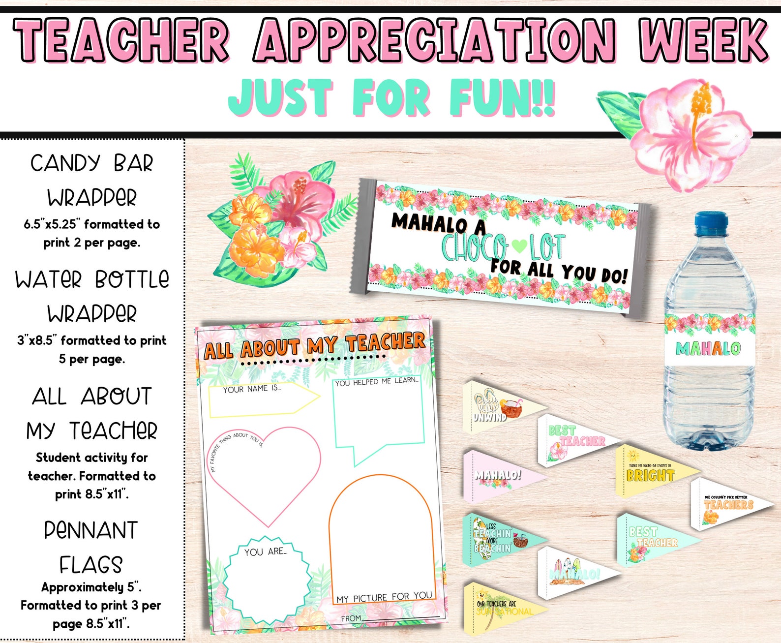 Mahalo Teacher Appreciation Week Printable Editable Hawaiian Theme ...