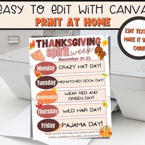 Thanksgiving School Spirit Week Schedule Fall Flyer Fundraiser for PTO ...