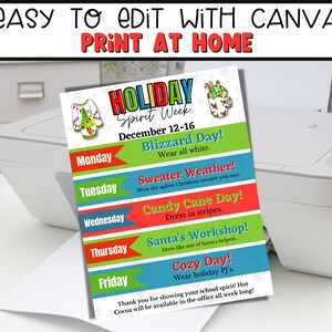 Holiday Spirit Week Editable Itinerary Schedule | Printable DIY Spirit ...