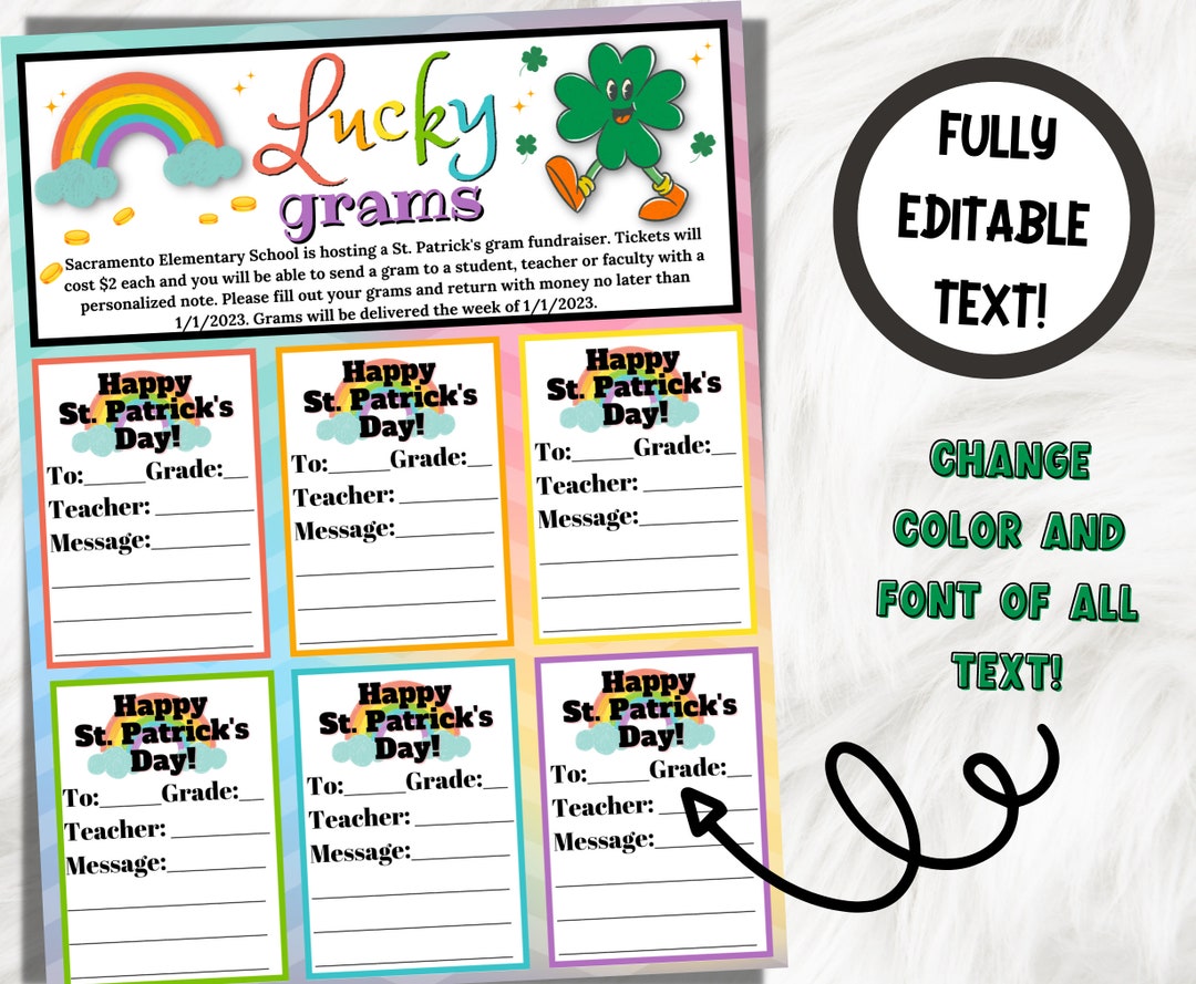 Lucky St. Patrick's Day Grams School Fundraiser Flyer for PTA PTO ...