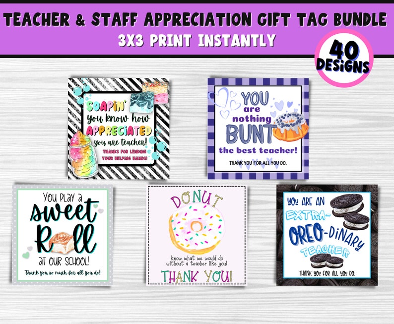 Teacher Appreciation Gift Tag Bundle of 40 Designs Coffee, Snack ...