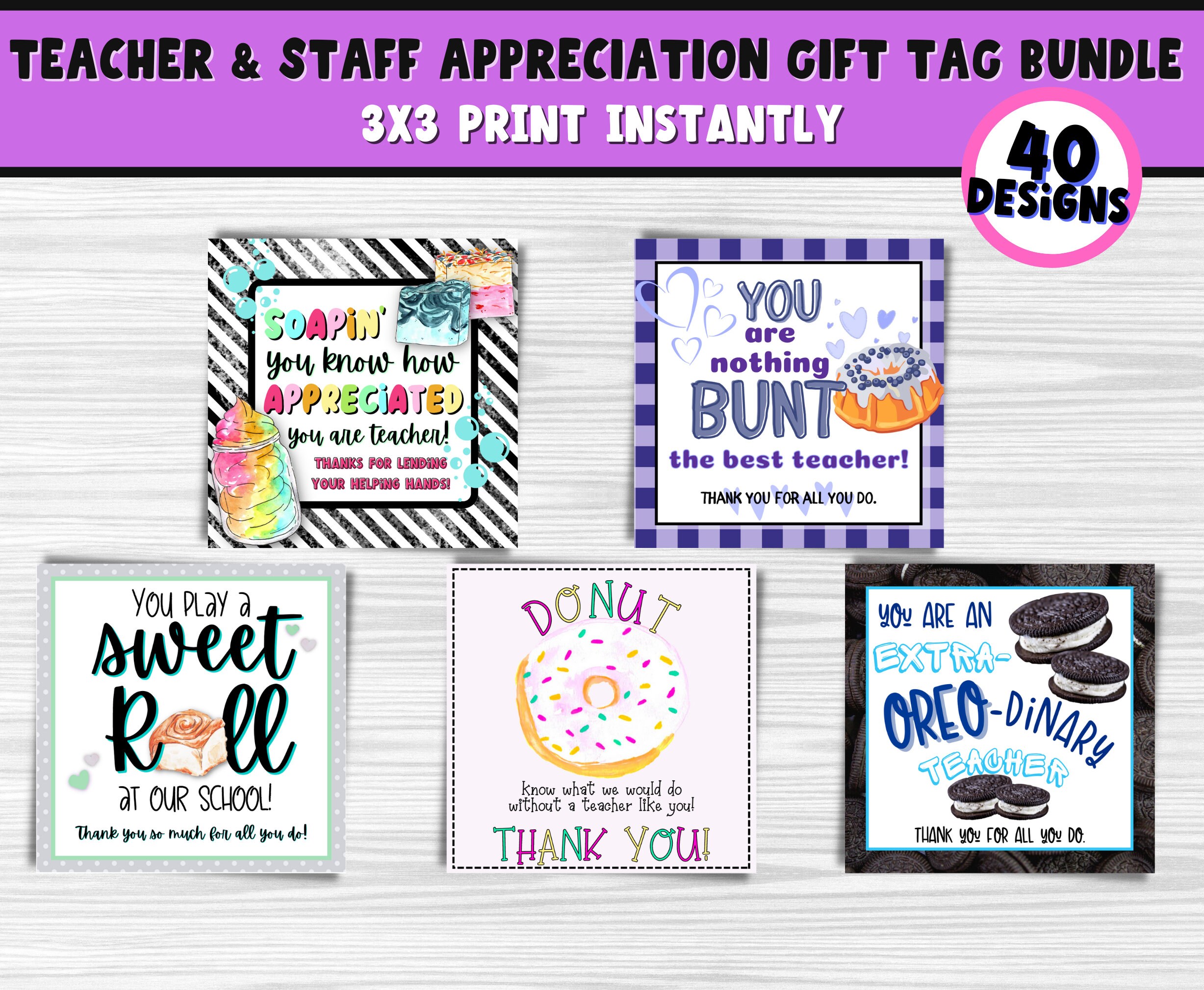 Teacher Appreciation Gift Tag Bundle of 40 Designs Coffee, Snack ...