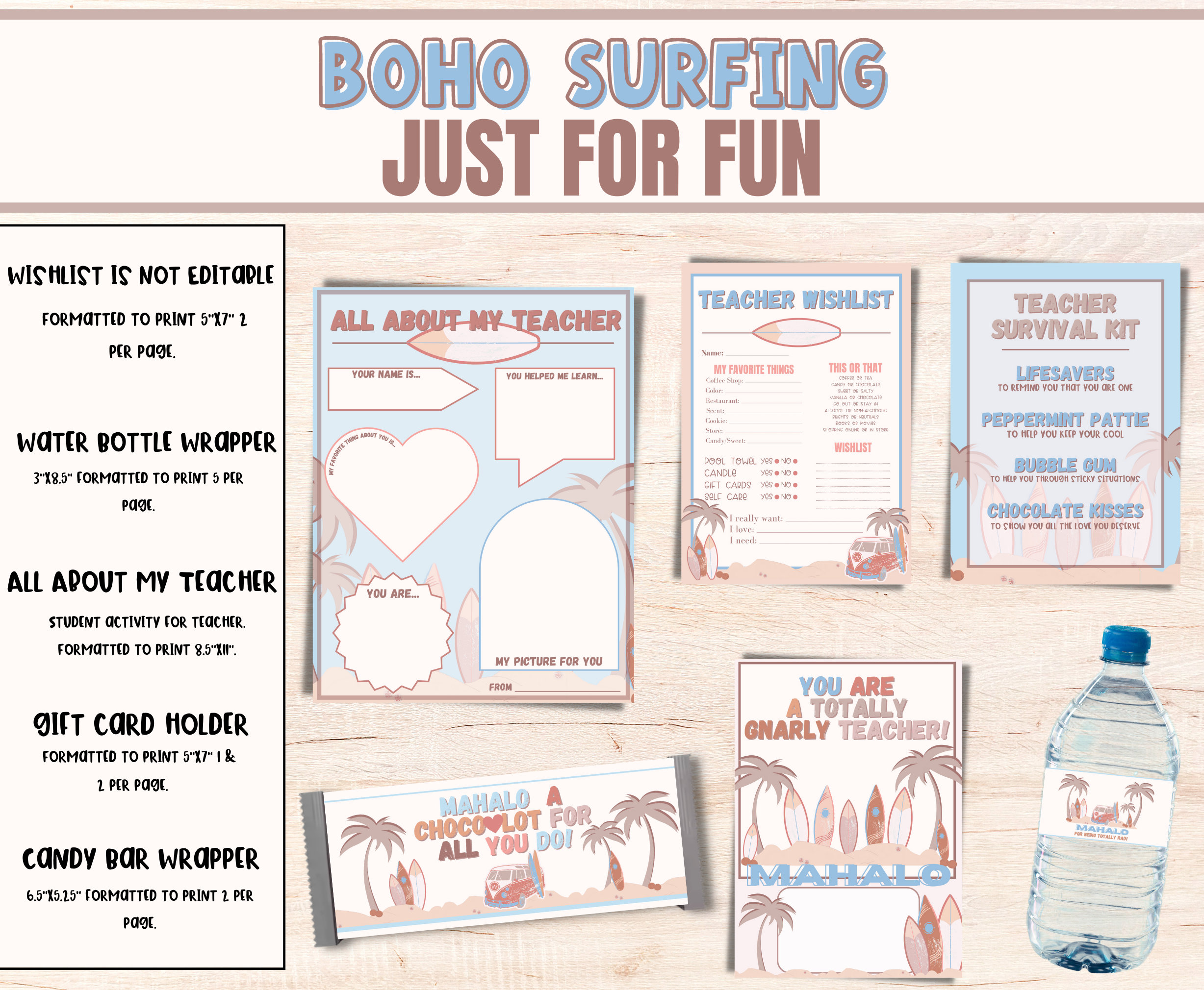 Mahalo Boho Surfing Teacher Appreciation Week Printable Editable Bundle ...
