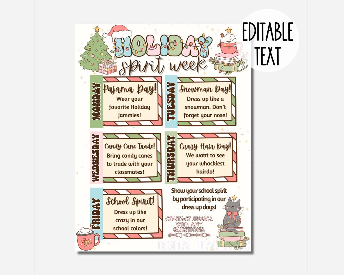 Cute Holiday School Spirit Week Editable Itinerary Schedule | Printable ...