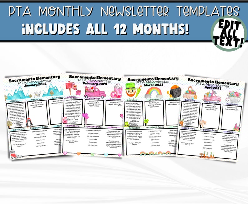 Yearly PTO/PTA Newsletter Editable Template for School. Parent Teacher ...