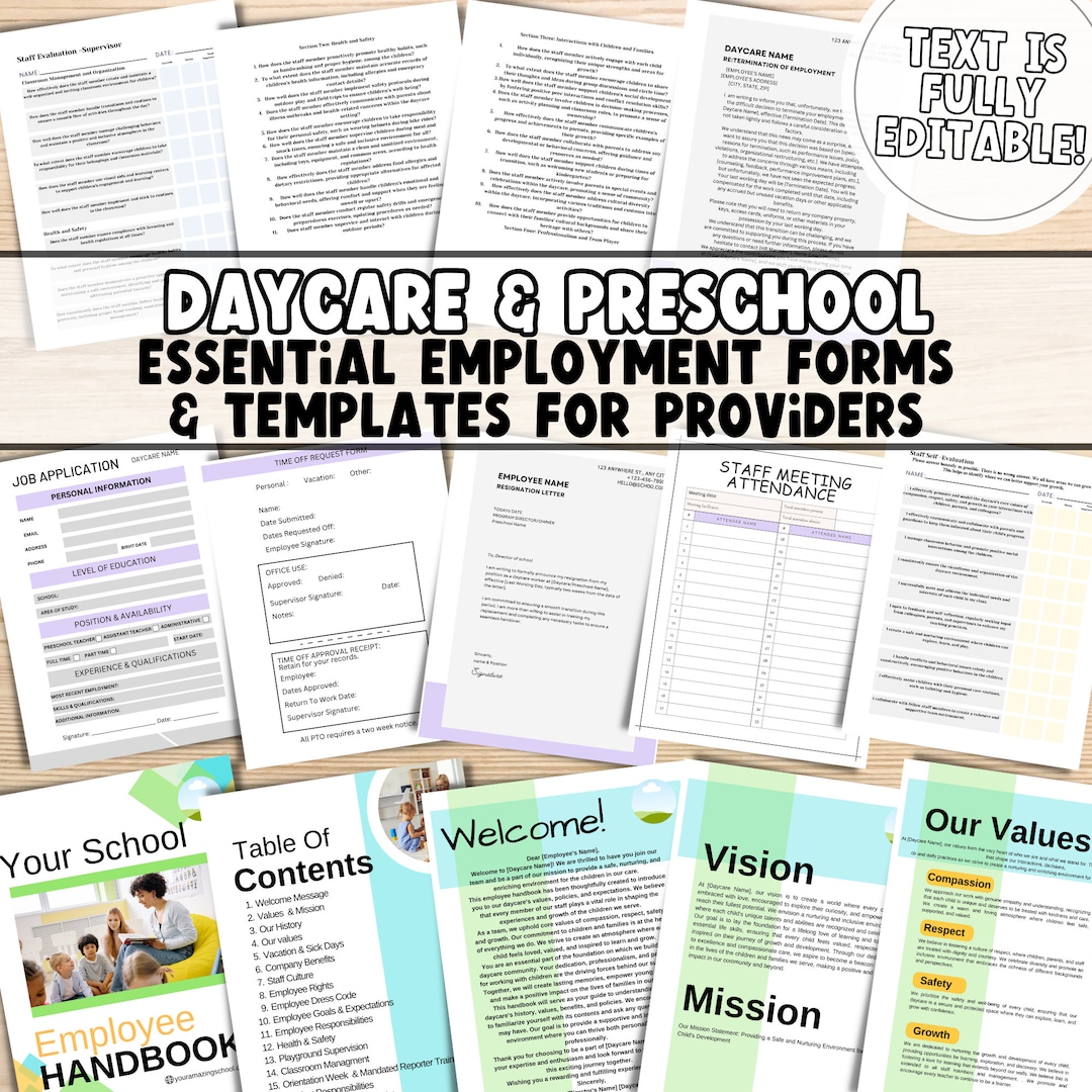 EDITABLE Essential Employee Daycare Forms and Templates | Preschool ...