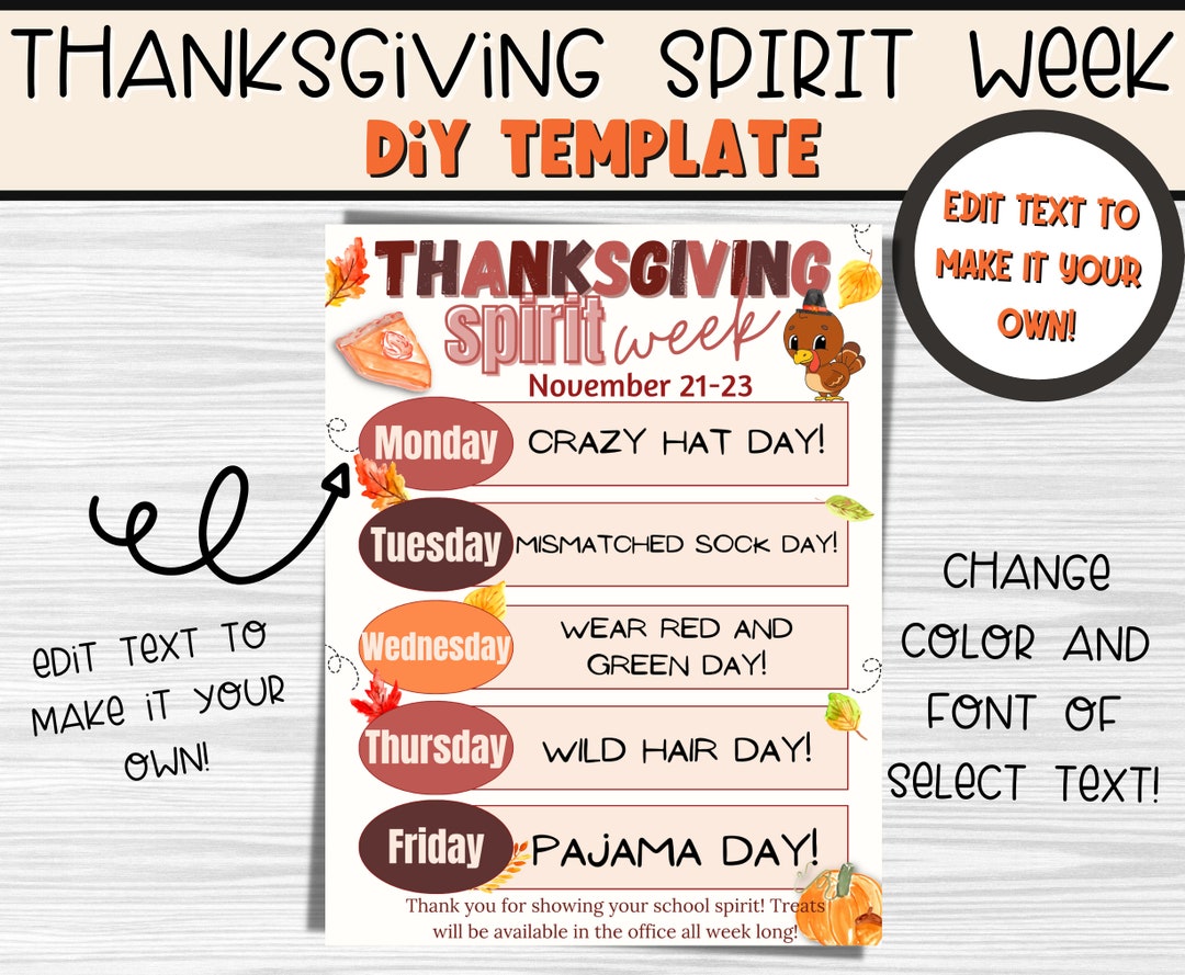 Thanksgiving School Spirit Week Schedule Fall Flyer Fundraiser for PTO ...