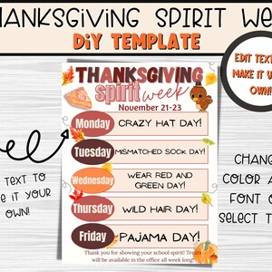 Thanksgiving School Spirit Week Schedule Fall Flyer Fundraiser for PTO ...