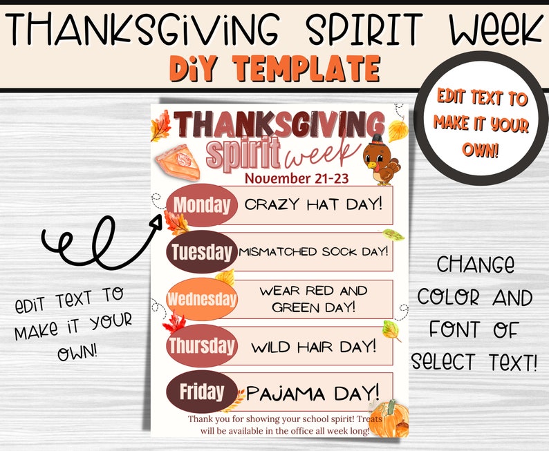Thanksgiving School Spirit Week Schedule Fall Flyer Fundraiser for PTO ...