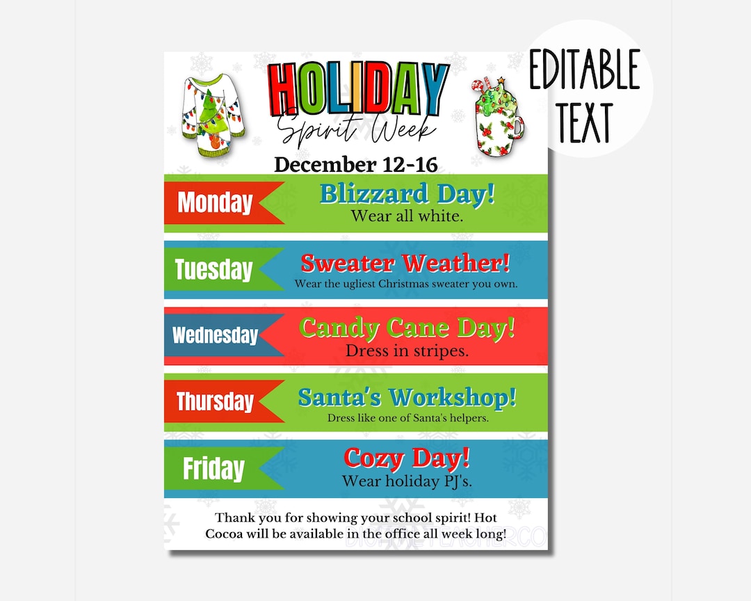 Holiday Spirit Week Editable Itinerary Schedule | Printable DIY Spirit ...