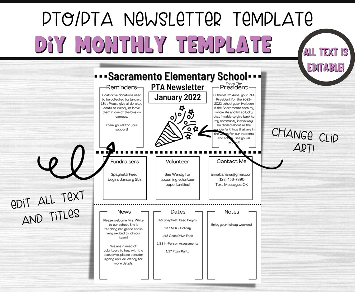 Yearly PTO/PTA Newsletter EDITABLE Template for School. Parent Teacher ...
