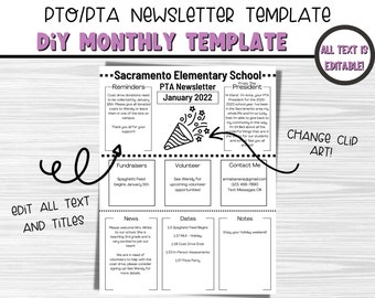 Yearly PTO PTA EDITABLE Newsletter Template for School. Parent Teacher ...