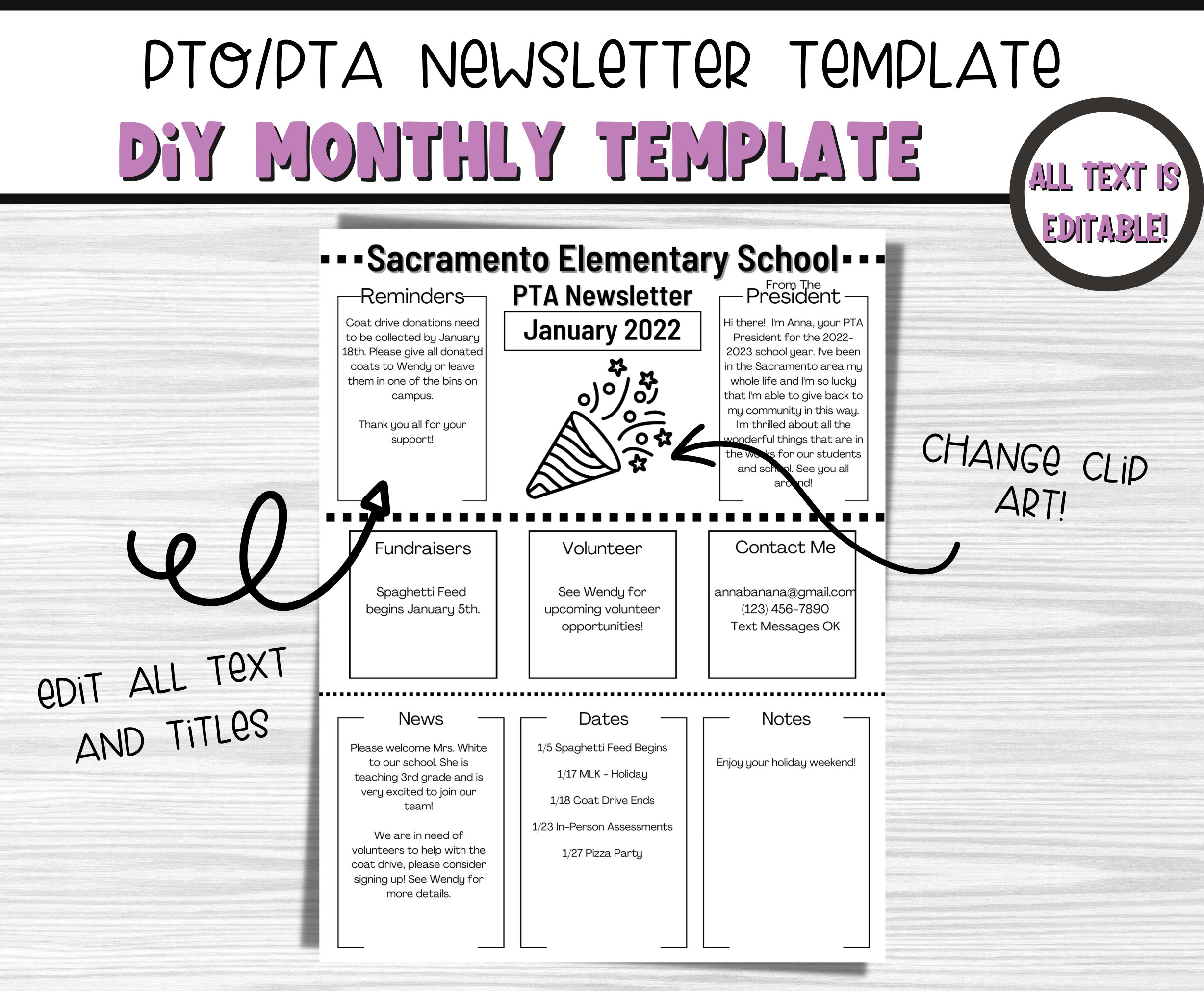 Yearly PTO/PTA Newsletter EDITABLE Template for School. Parent Teacher ...