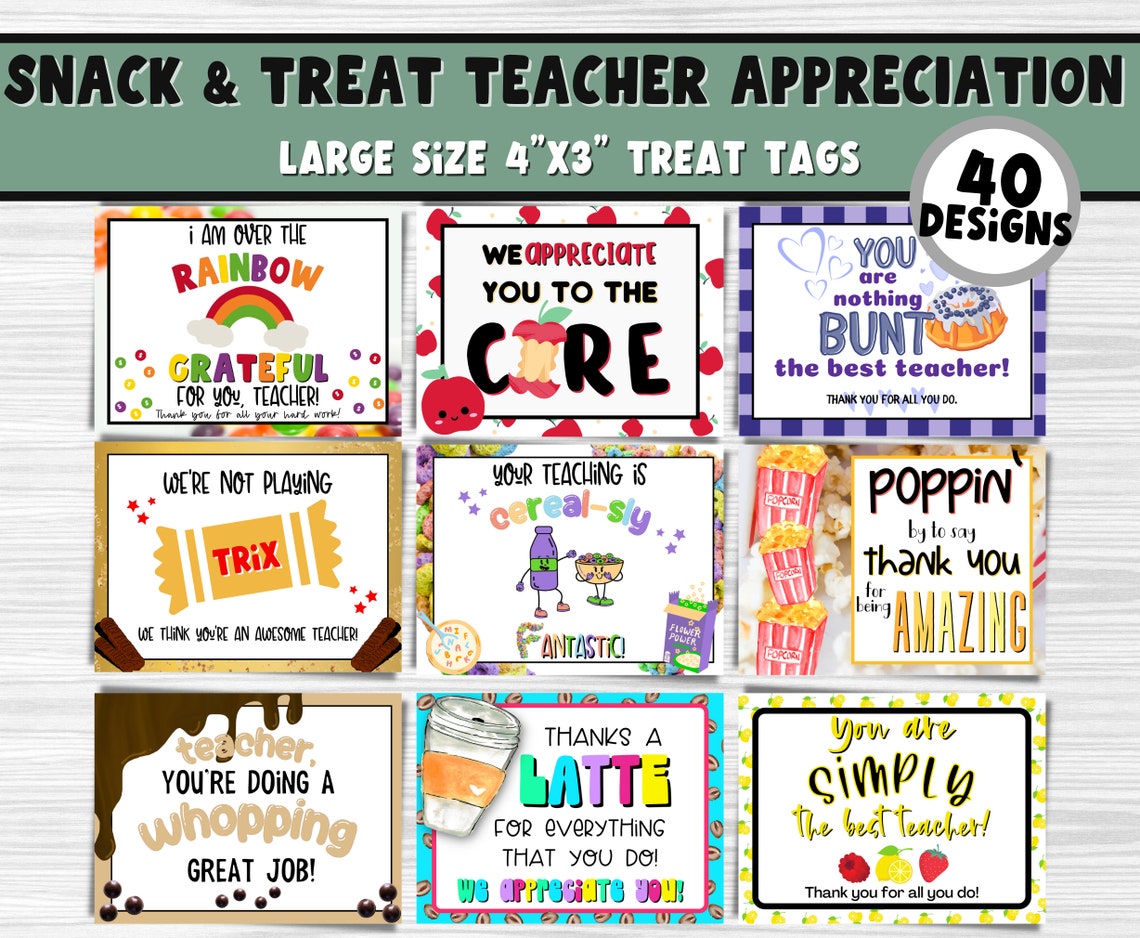 Snack & Candy TEACHER APPRECIATION Printable Tags Large Size 4x3 School ...