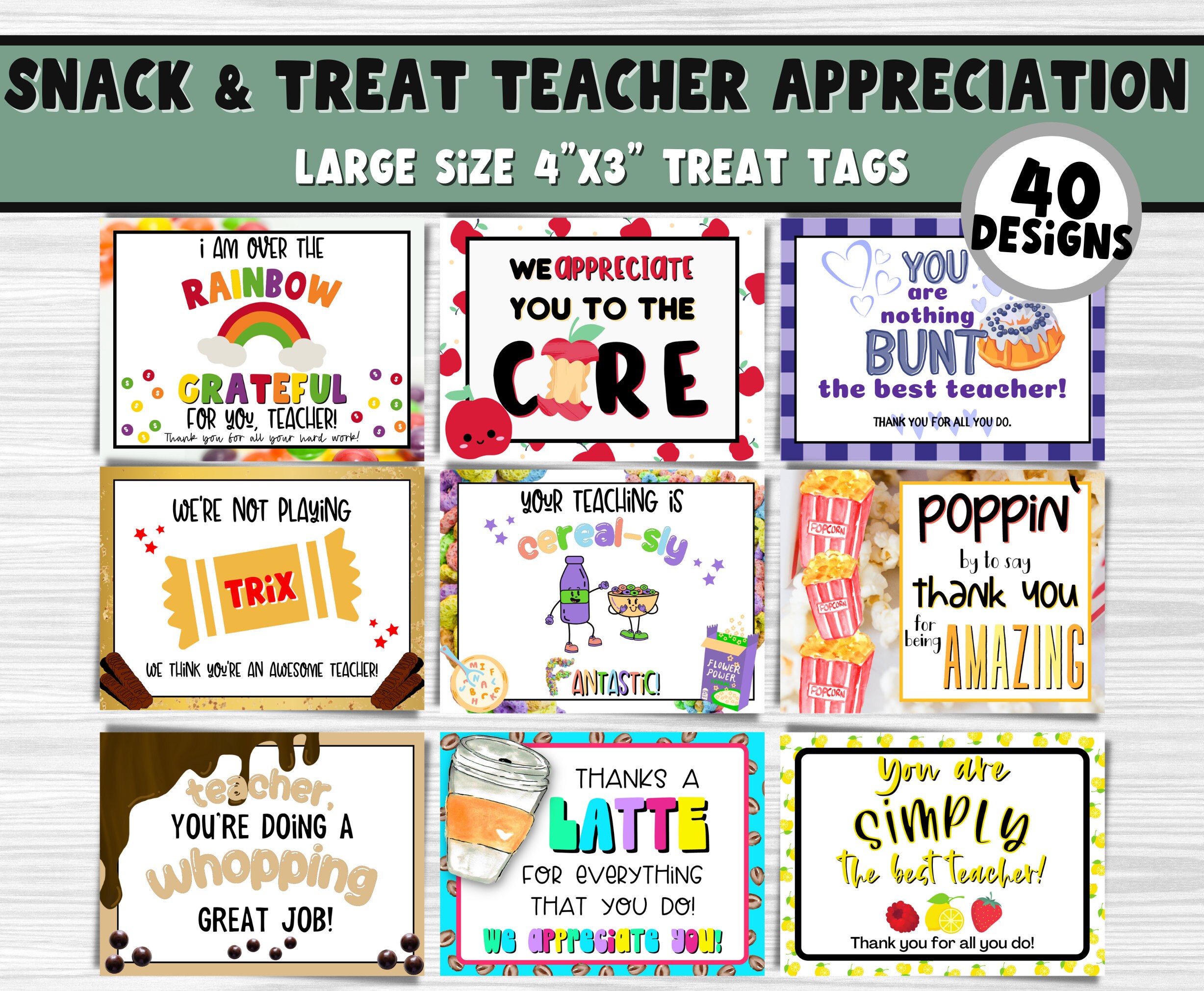 Snack & Candy TEACHER APPRECIATION Printable Tags Large Size 4x3 School ...