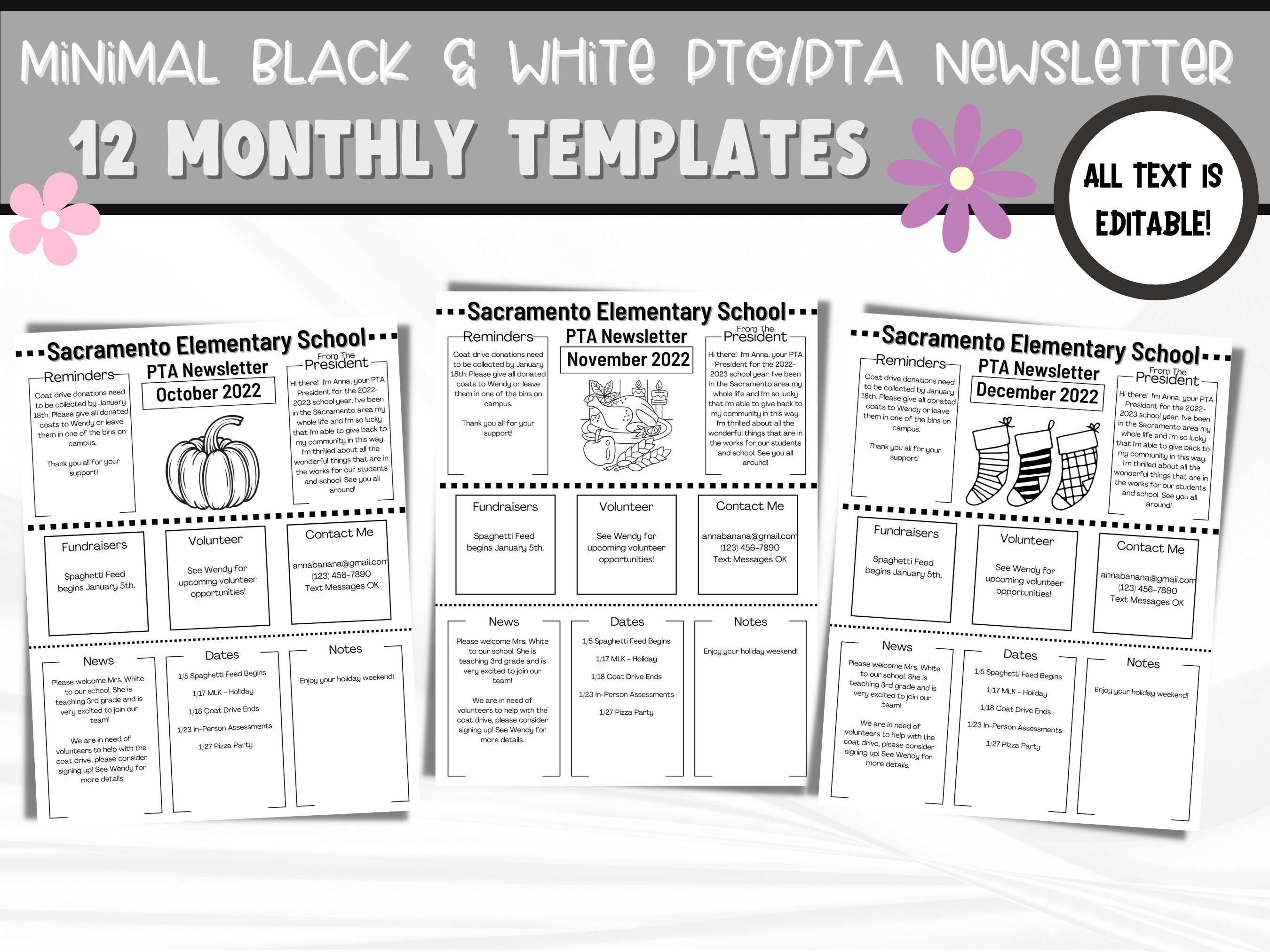 Yearly PTO PTA EDITABLE Newsletter Template for School. Parent Teacher ...