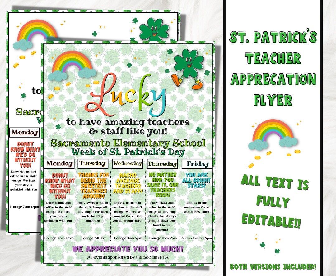 St. Patrick's Teacher & Staff Appreciation Editable Itinerary Schedule ...
