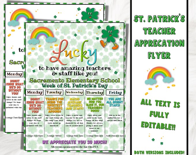 EDITABLE St. Patricks Day Teacher Appreciation Week Itinerary Poster ...