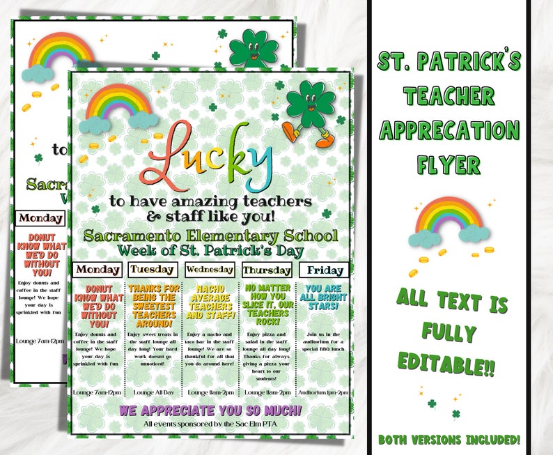 St. Patrick's Teacher & Staff Appreciation Editable Itinerary Schedule ...