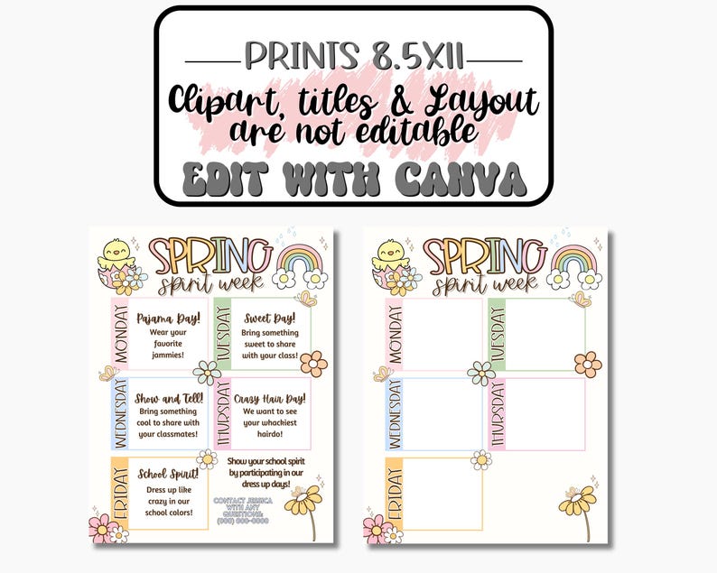 Cute Spring Spirit Week Editable Itinerary Schedule | Printable DIY ...
