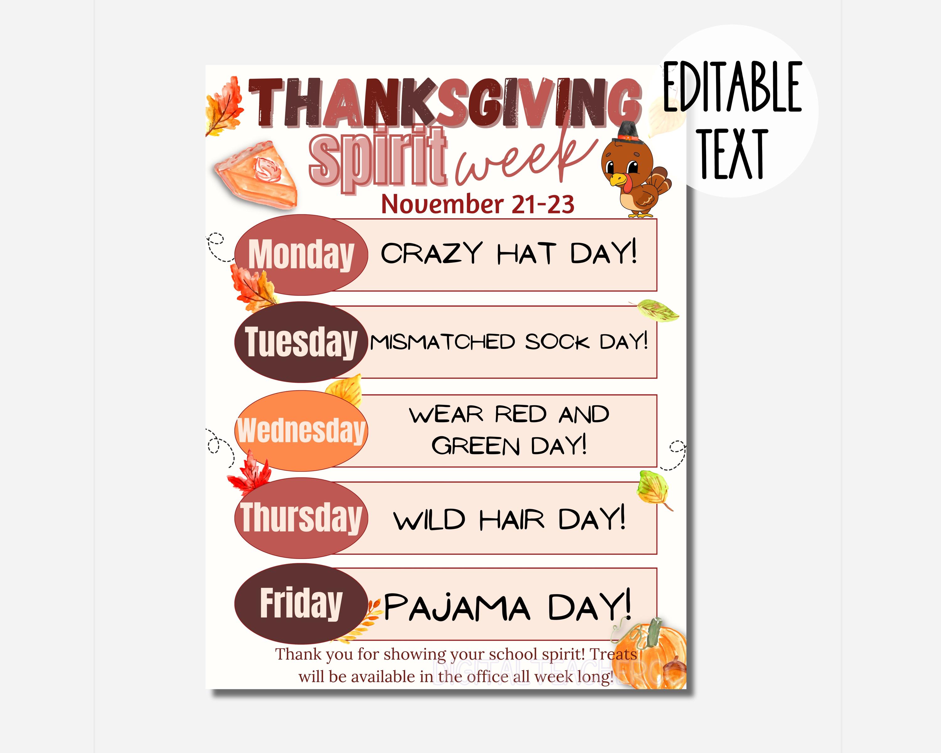 Thanksgiving School Spirit Week Schedule Fall Flyer Fundraiser for PTO ...