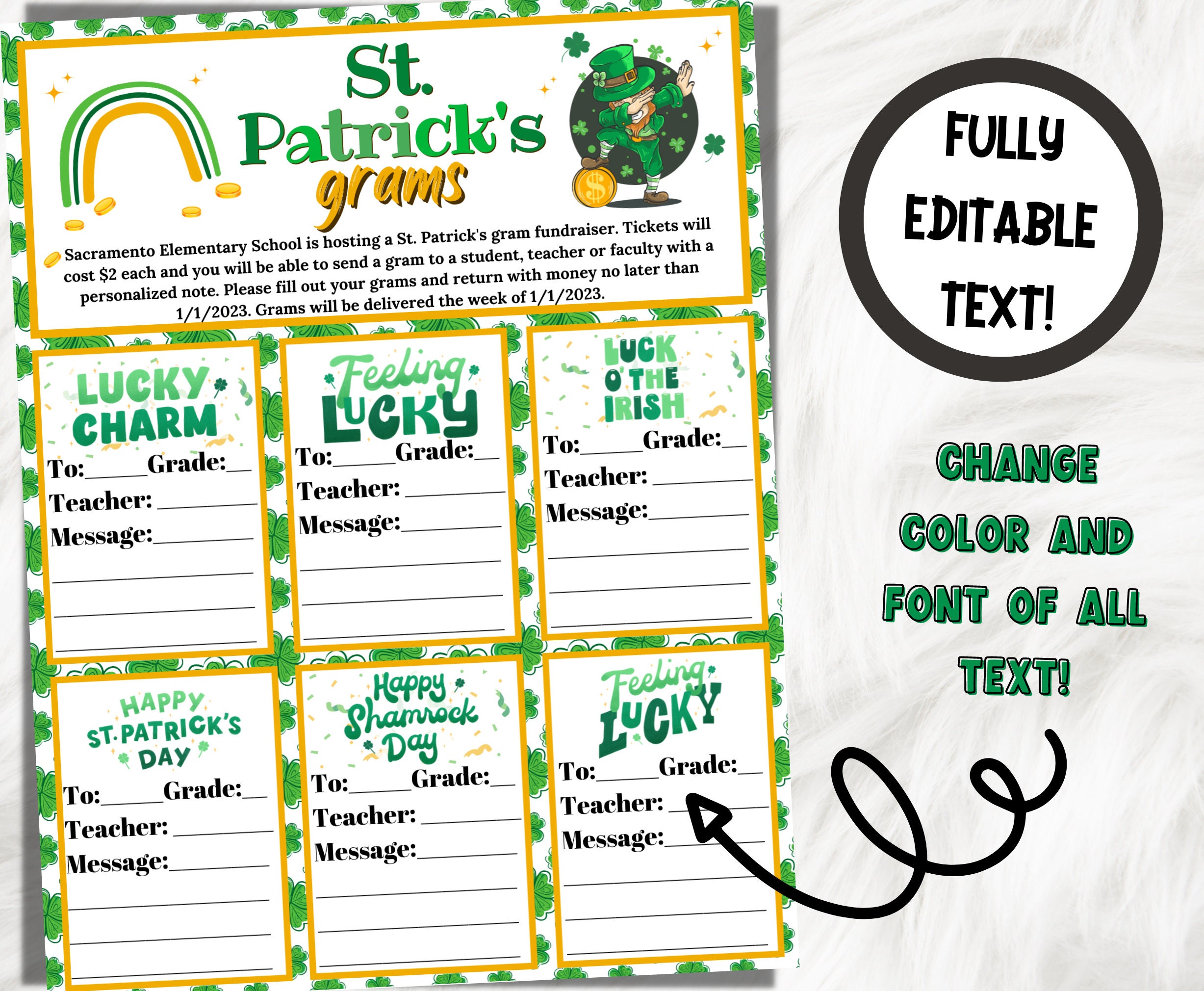 St. Patrick's Day Grams School Fundraiser Flyer for PTA PTO Events ...