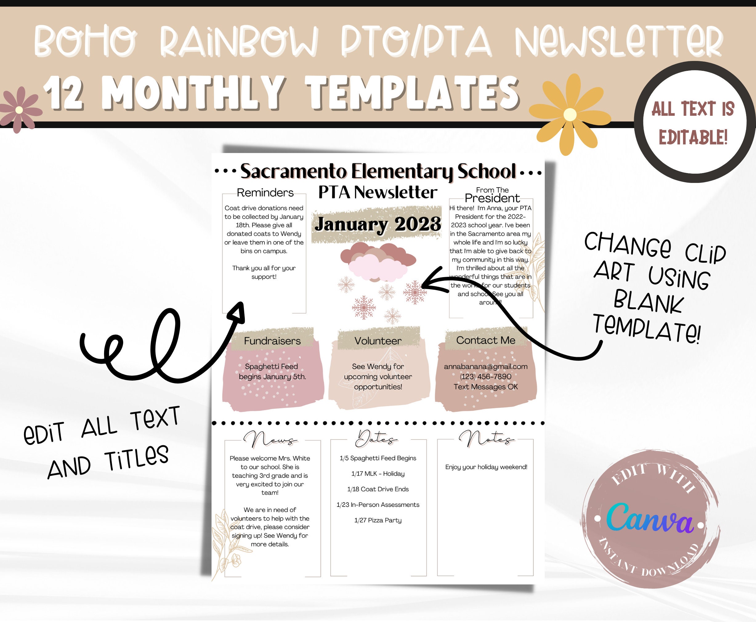 Yearly PTO/PTA Newsletter EDITABLE Template for School. Parent Teacher ...