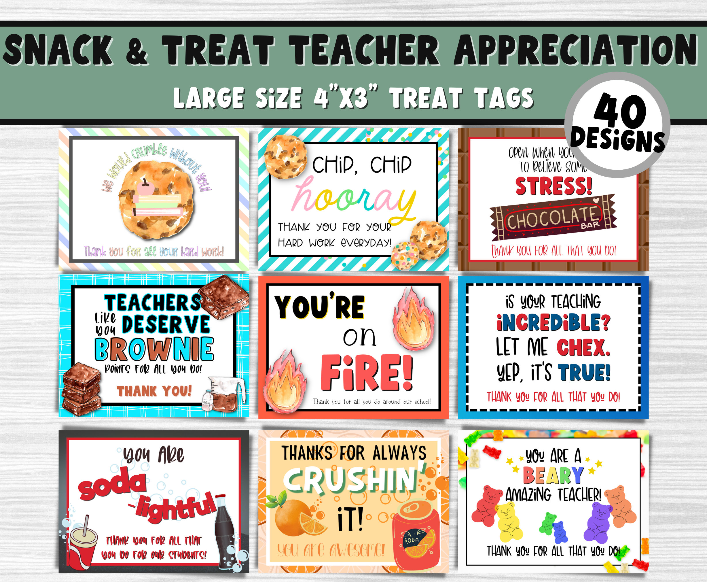 Snack & Candy TEACHER APPRECIATION Printable Tags | Large Size 4"x3 ...