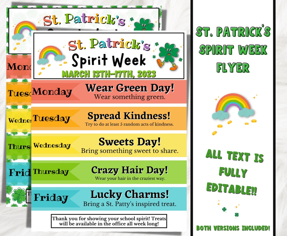 St. Patrick's Spirit Week Editable Itinerary Schedule | Printable DIY ...
