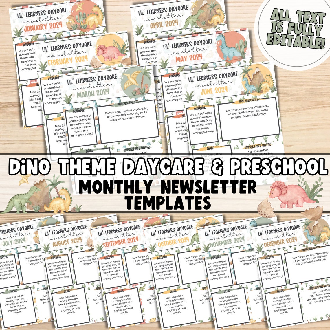 Yearly Daycare and Preschool Dinosaur Newsletter EDITABLE Templates ...