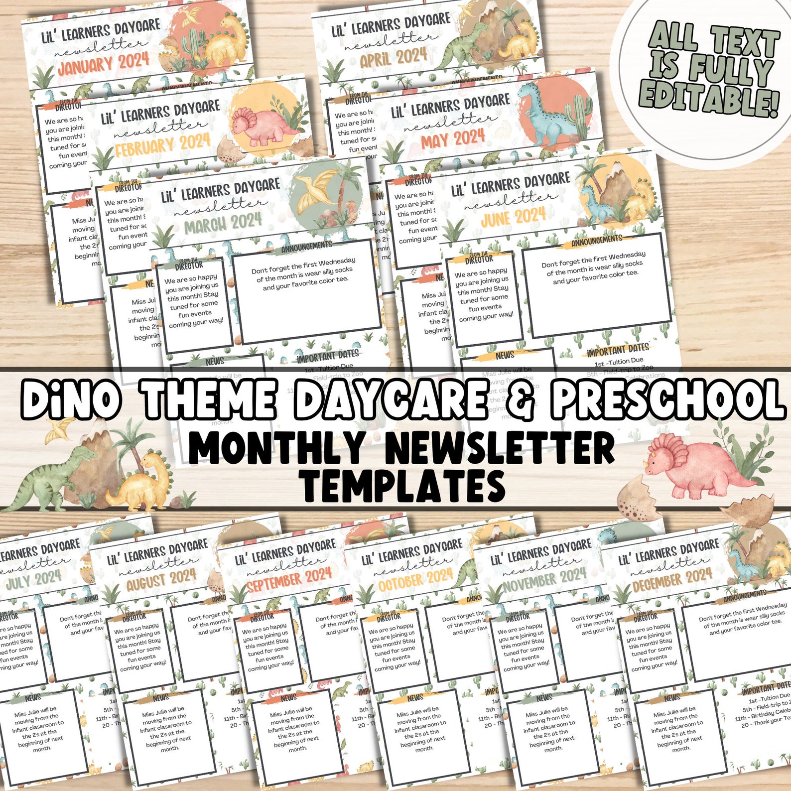 Yearly Daycare and Preschool Dinosaur Newsletter EDITABLE Templates ...