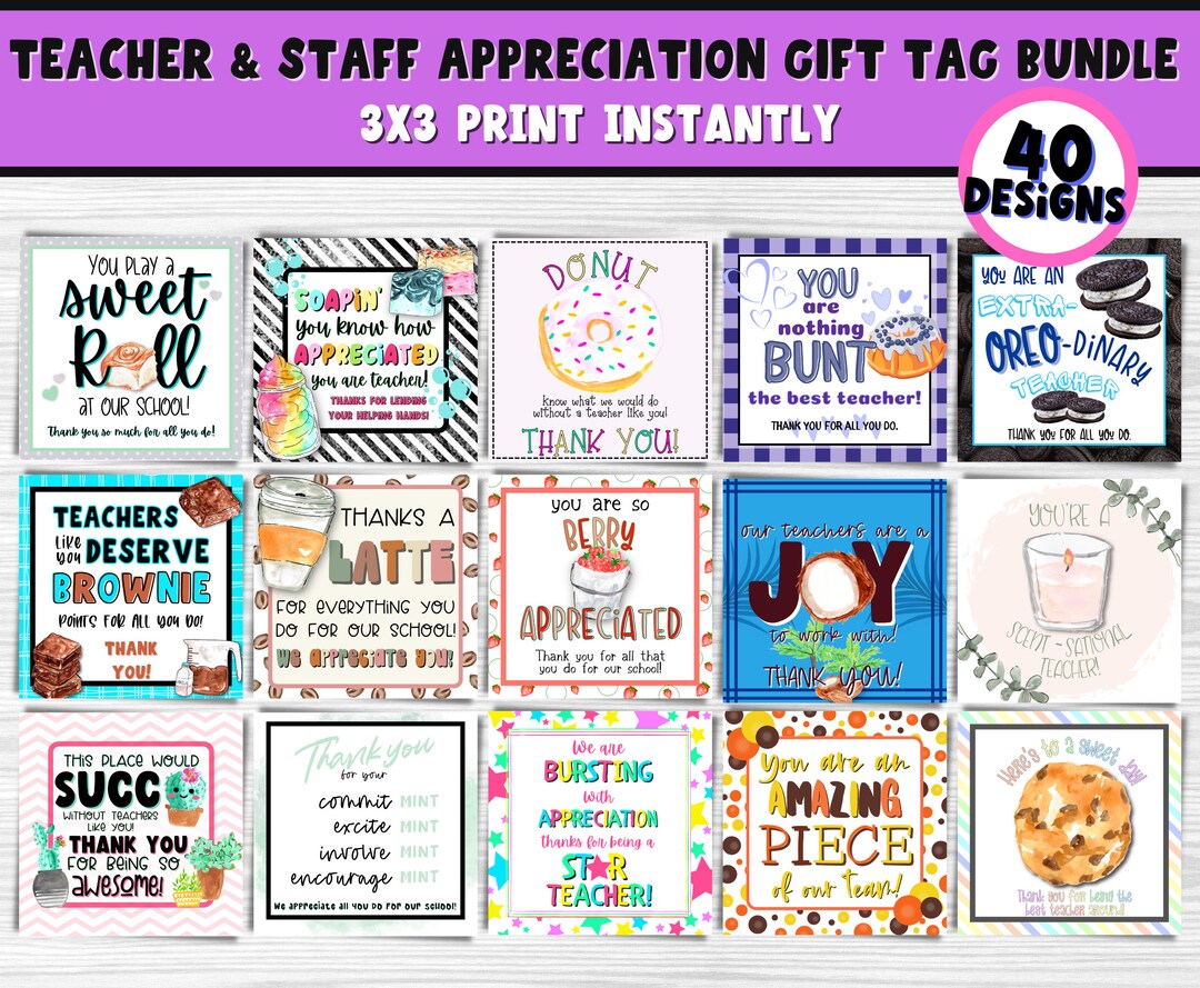Teacher Appreciation Gift Tag Bundle of 40 Designs Coffee, Snack ...